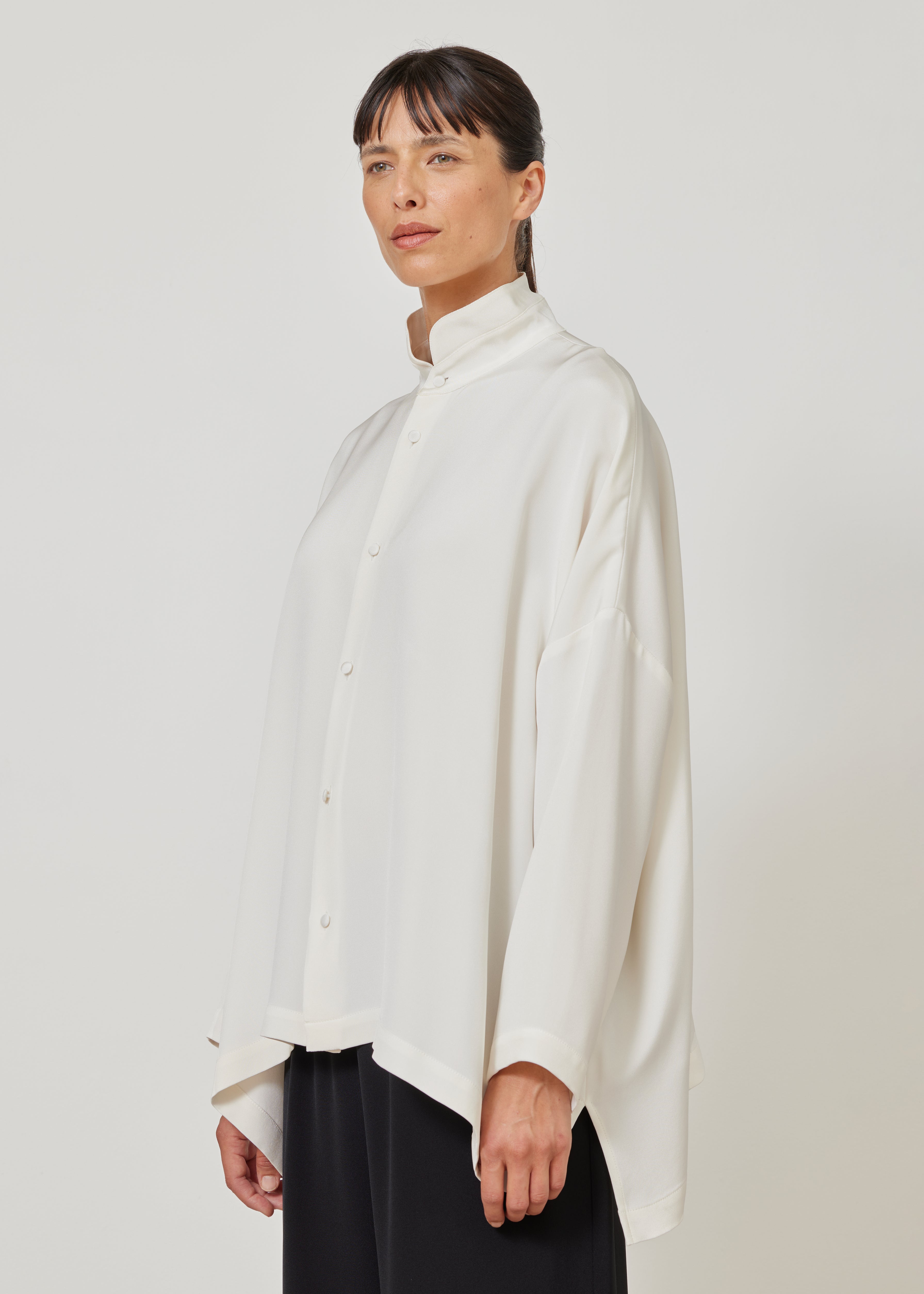 silk wide longer back double stand collar shirt - mid plus