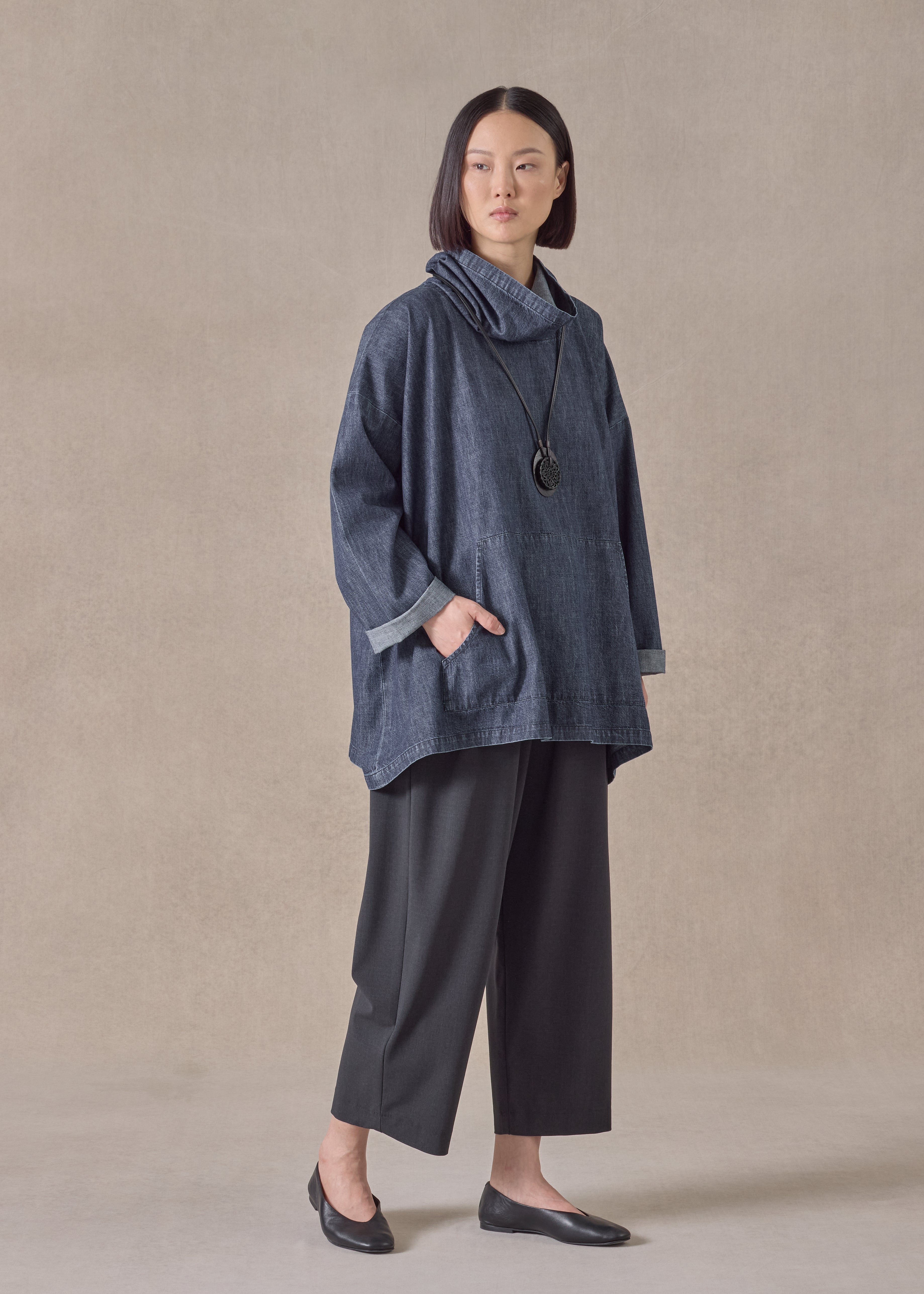 cotton denim wide a-line monks top - long (jeandark)