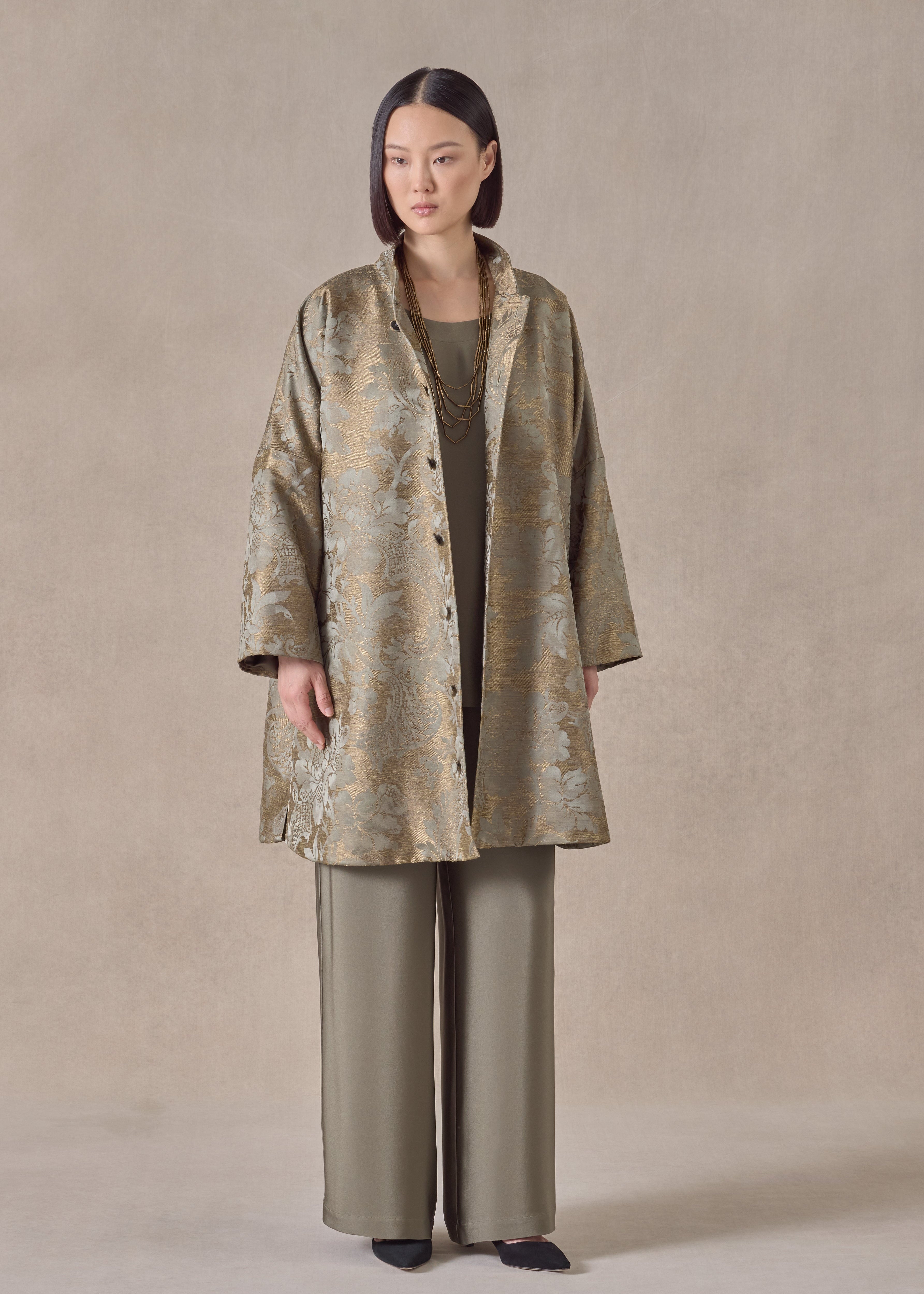 silk mix chinese imperial coat with chinese collar - very long (olived