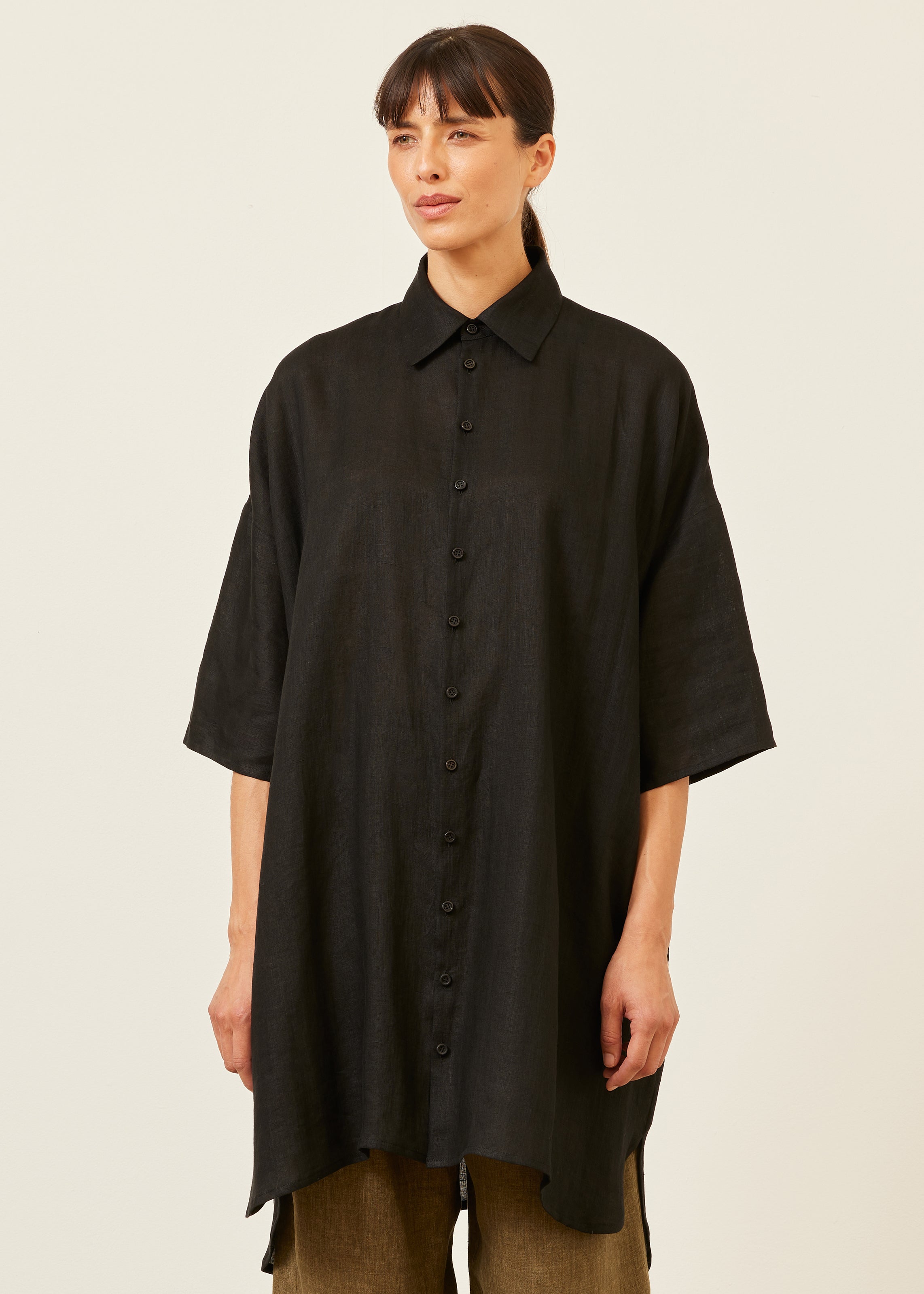 linen sloped shoulder wide a-line short sleeve shirt with collar - ver