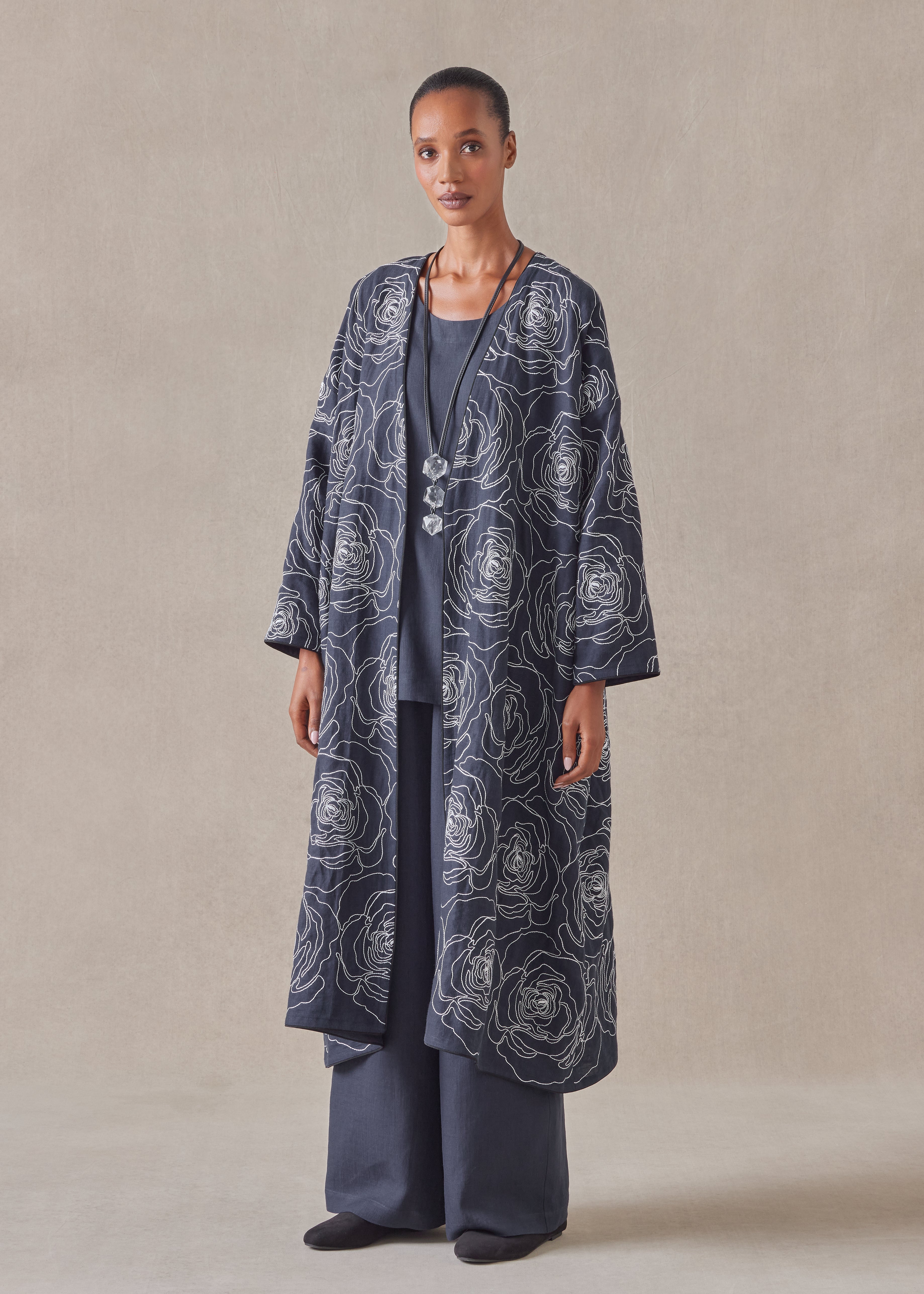 embroidered linen wide a-line v-neck open coat