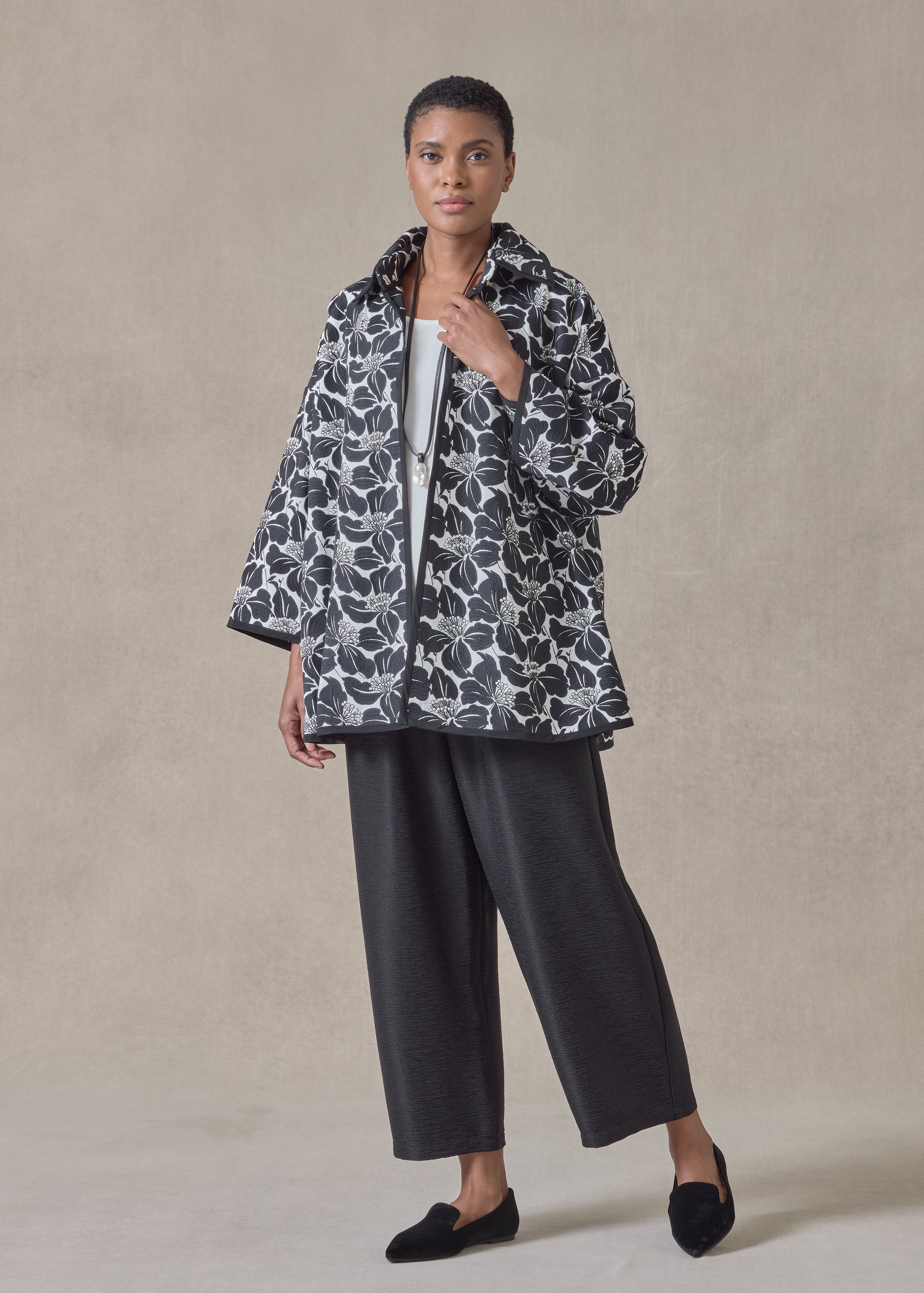hand-beaded sloped shoulder wide a-line open jacket with collar - long