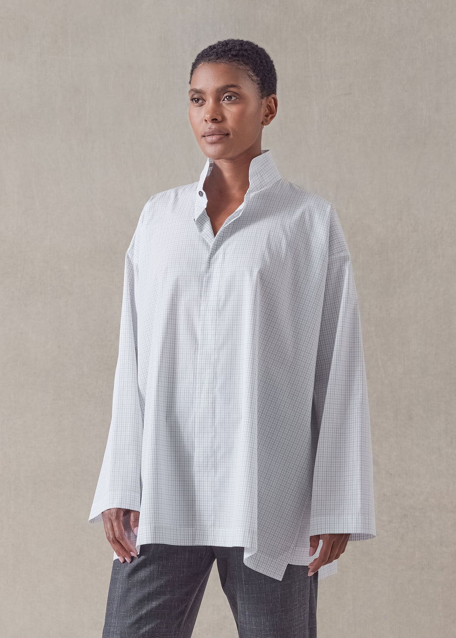 cotton slim a-line shirt with double stand collar and stepped insert
