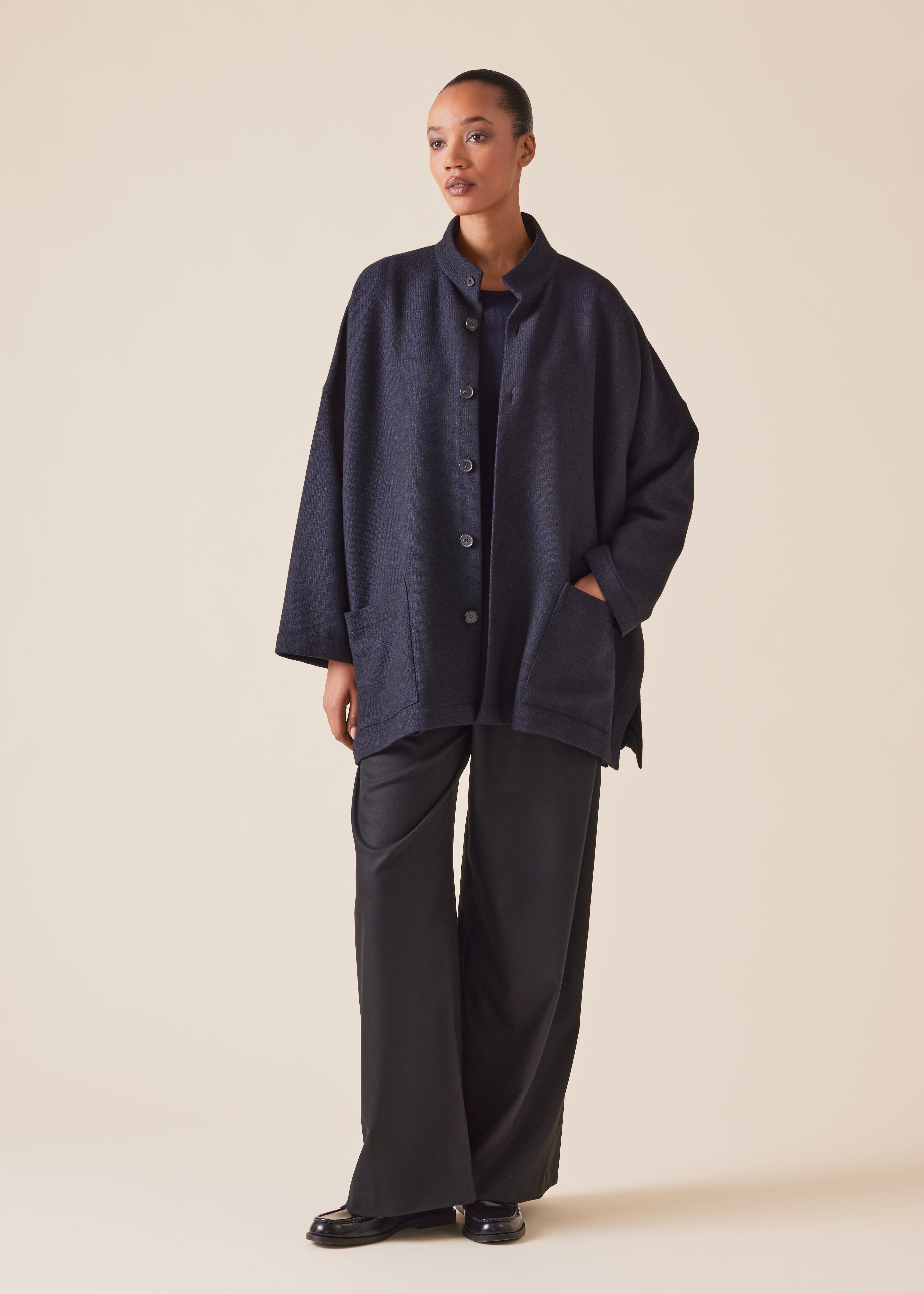 wool cashmere mix wide open stand collar jacket - long (navydark)